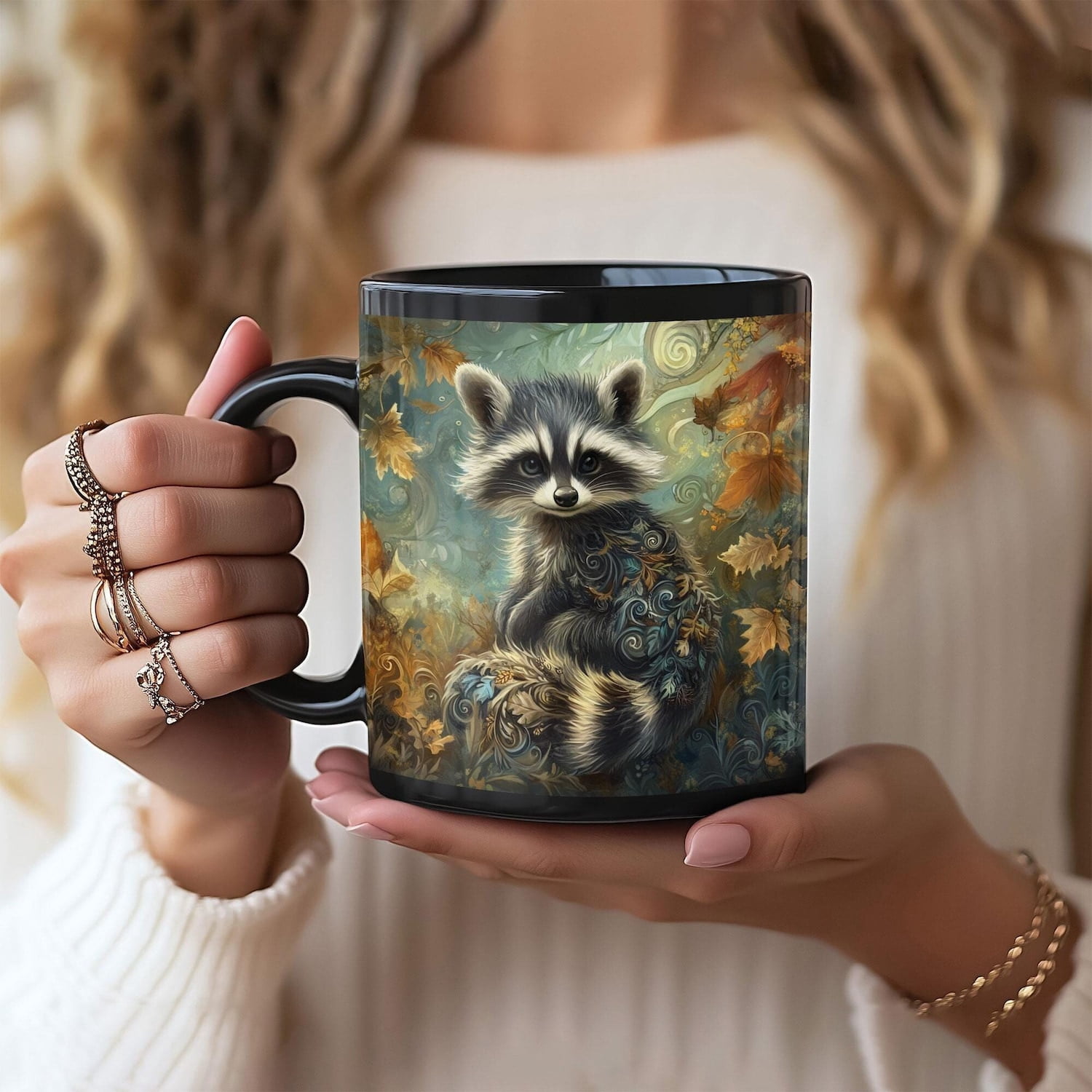 Beautiful Raccoon with Soulful Eyes surrounded by Flowers and Patterns ...