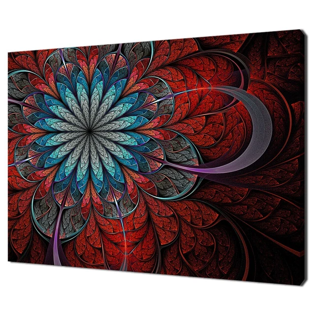 Beautiful Red Blue Fractal Abstract Flower Wall Art Home Decor Vintage ...