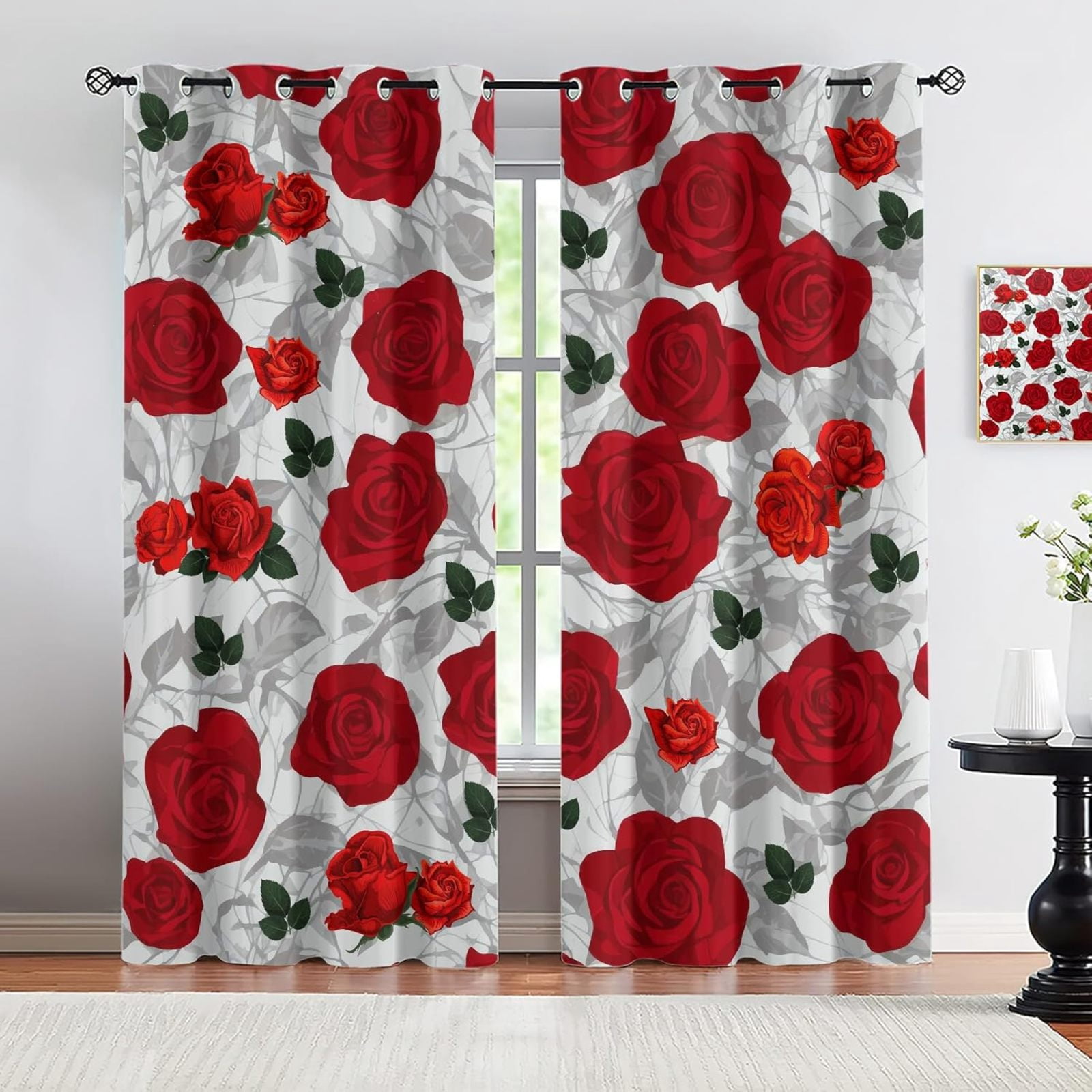Beautiful Red Rose Bedroom Curtains， Romantic Red Rose Grommet Curtain ...