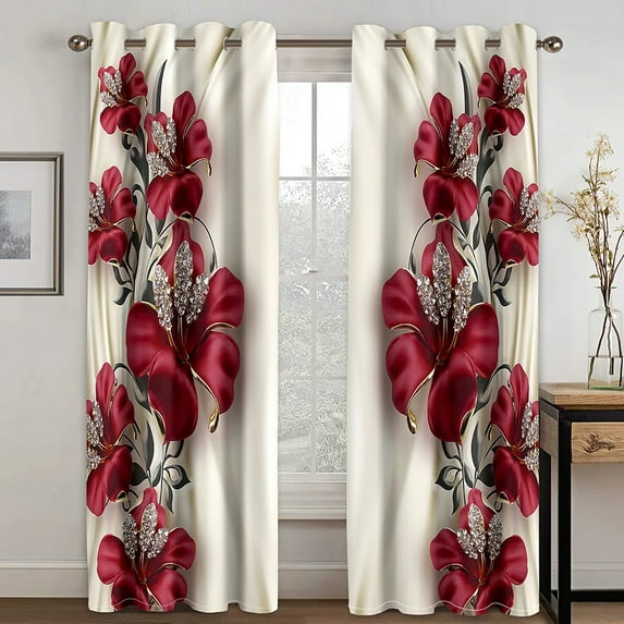Beautiful Red Rose Flower r Curtains Golden Rose Flower Pattern ...
