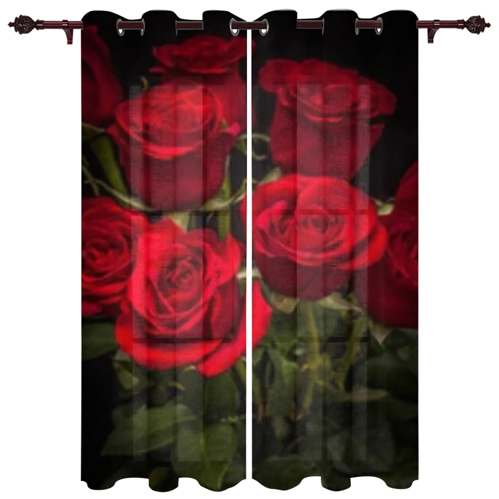 Beautiful Red Roses On A Black Background Window Curtains For Living ...