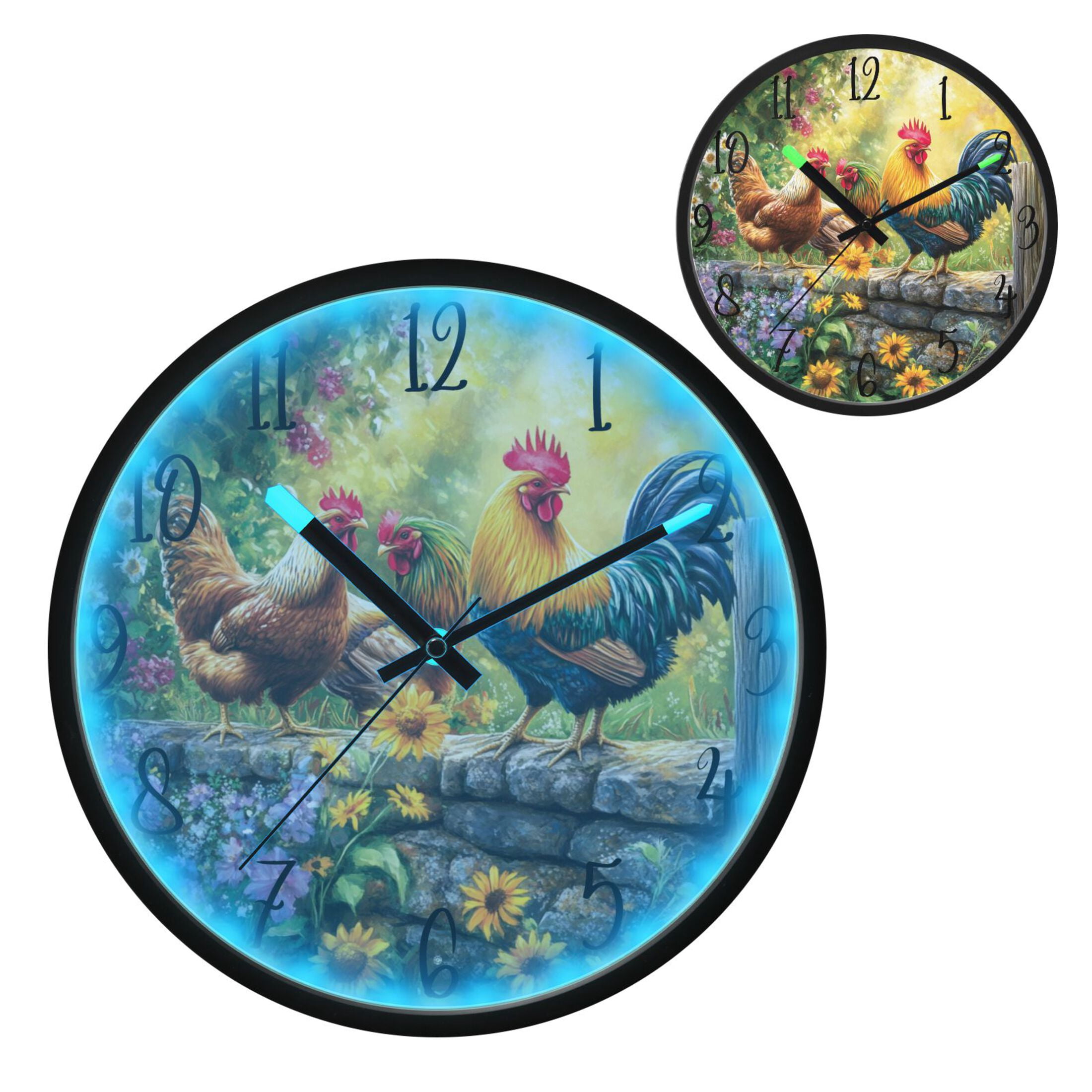Beautiful Rooster Luminous Wall Clock with Sound-Activated LED 12-Inch ...