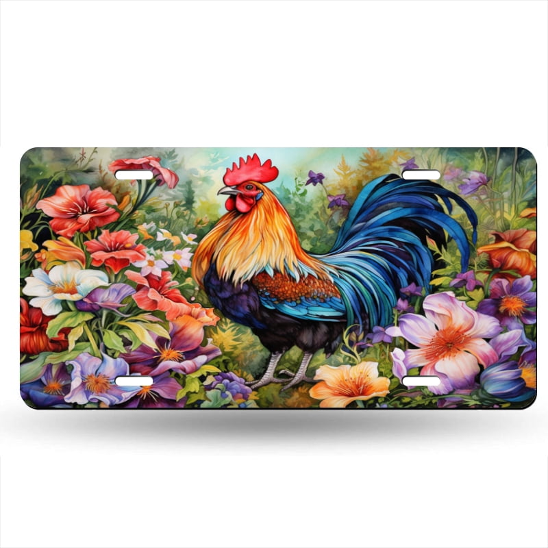 Beautiful Rooster Standing In The Middle Of Colorful Flowers Decorative ...