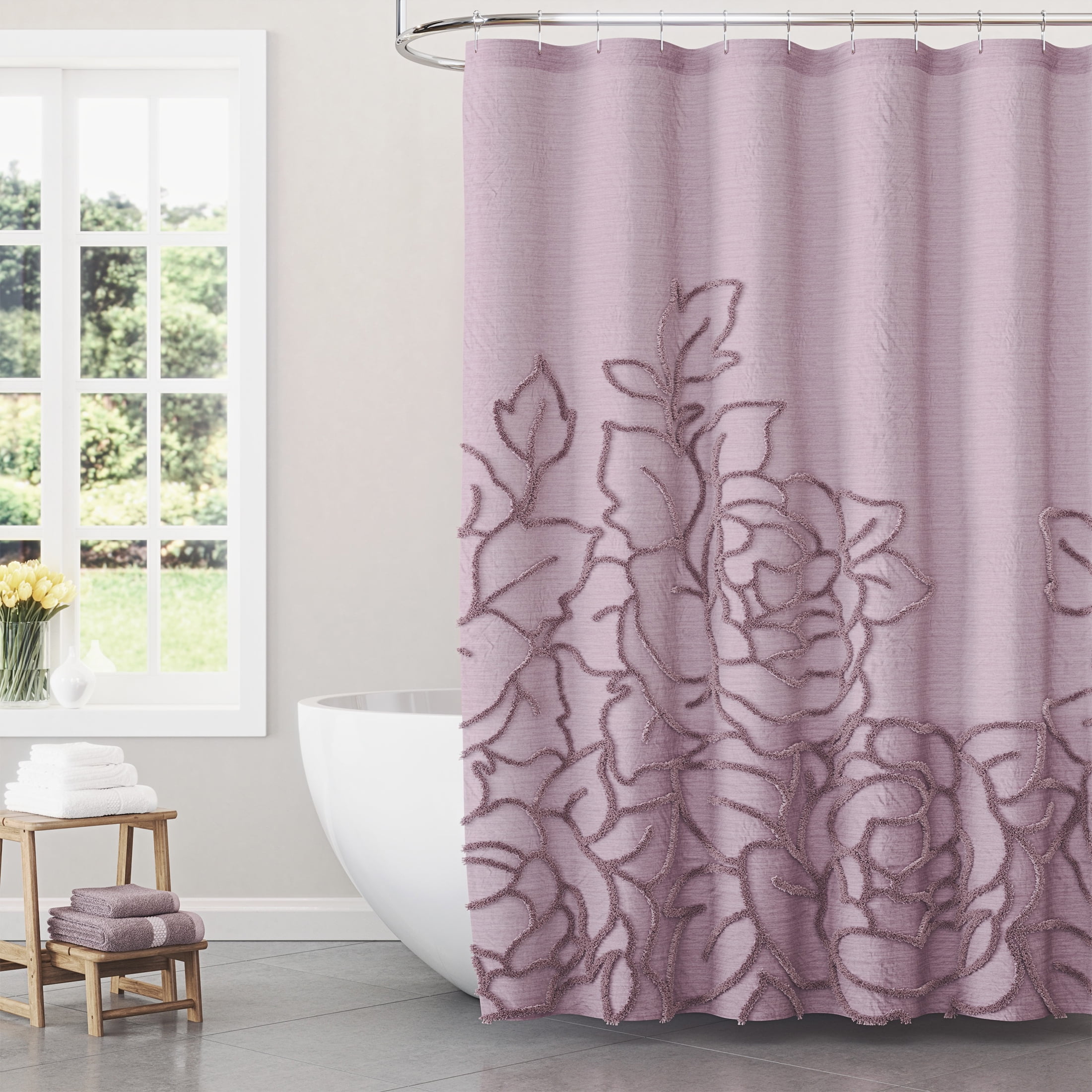 Beautiful Rose Pink Botanical Branch Chenille Cotton Shower Curtain by ...