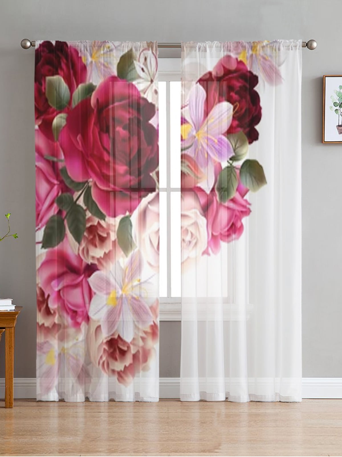 Beautiful Roses And Hyacinth Chiffon Sheer Curtains For Living Room ...