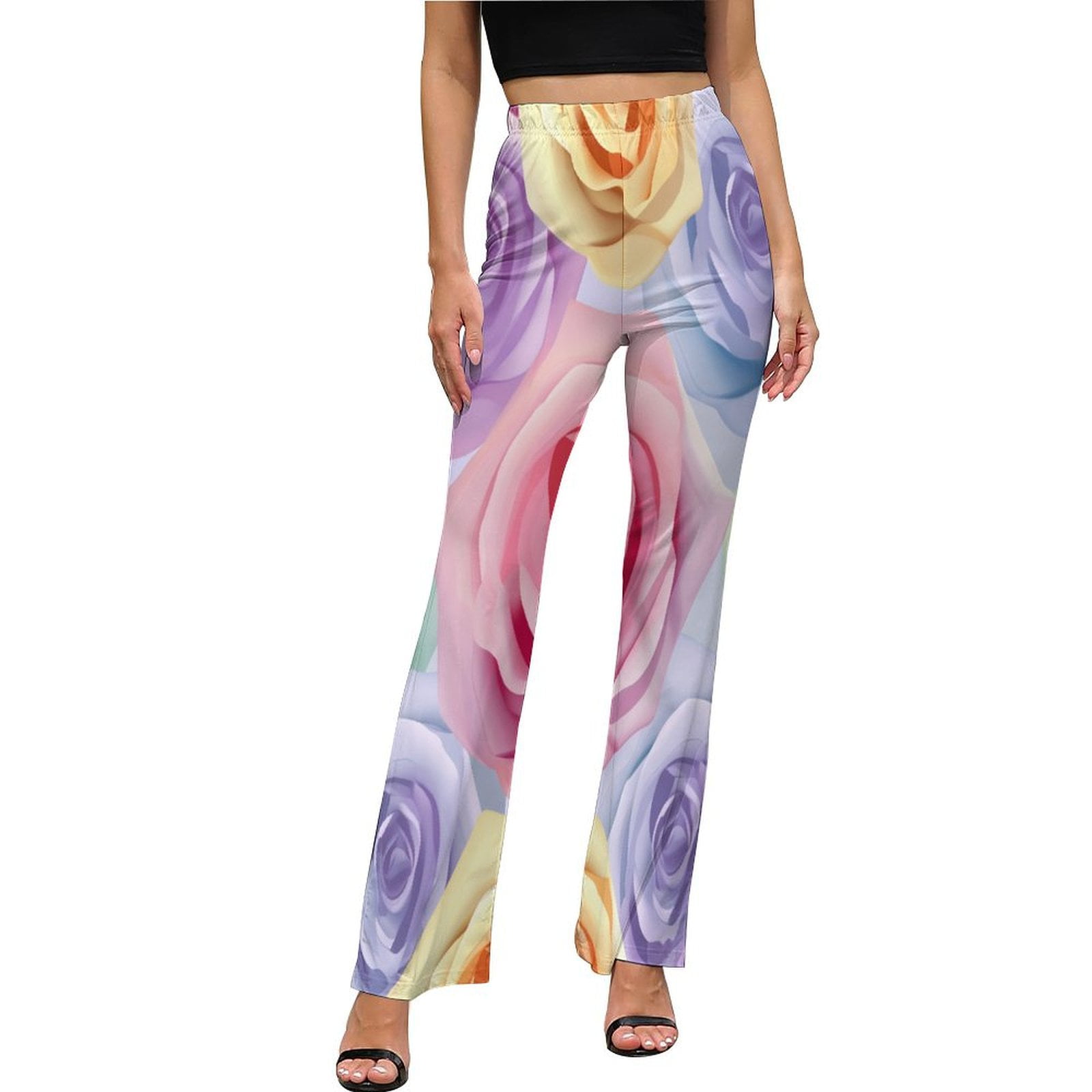 Beautiful Roses Colorful High Waisted Casual Flared Trousers Summer ...