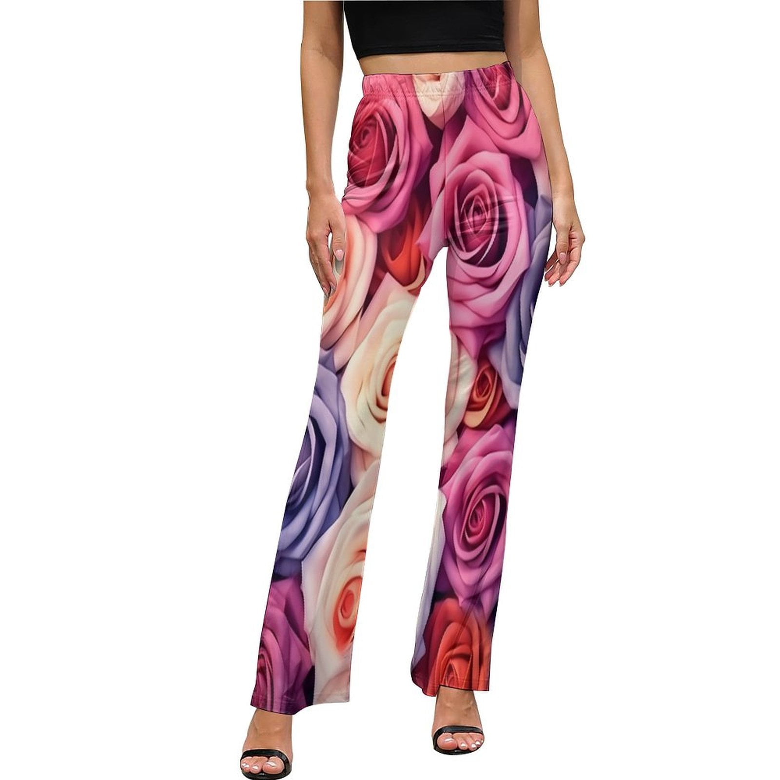 Beautiful Roses Colorful High Waisted Casual Flared Trousers Summer ...