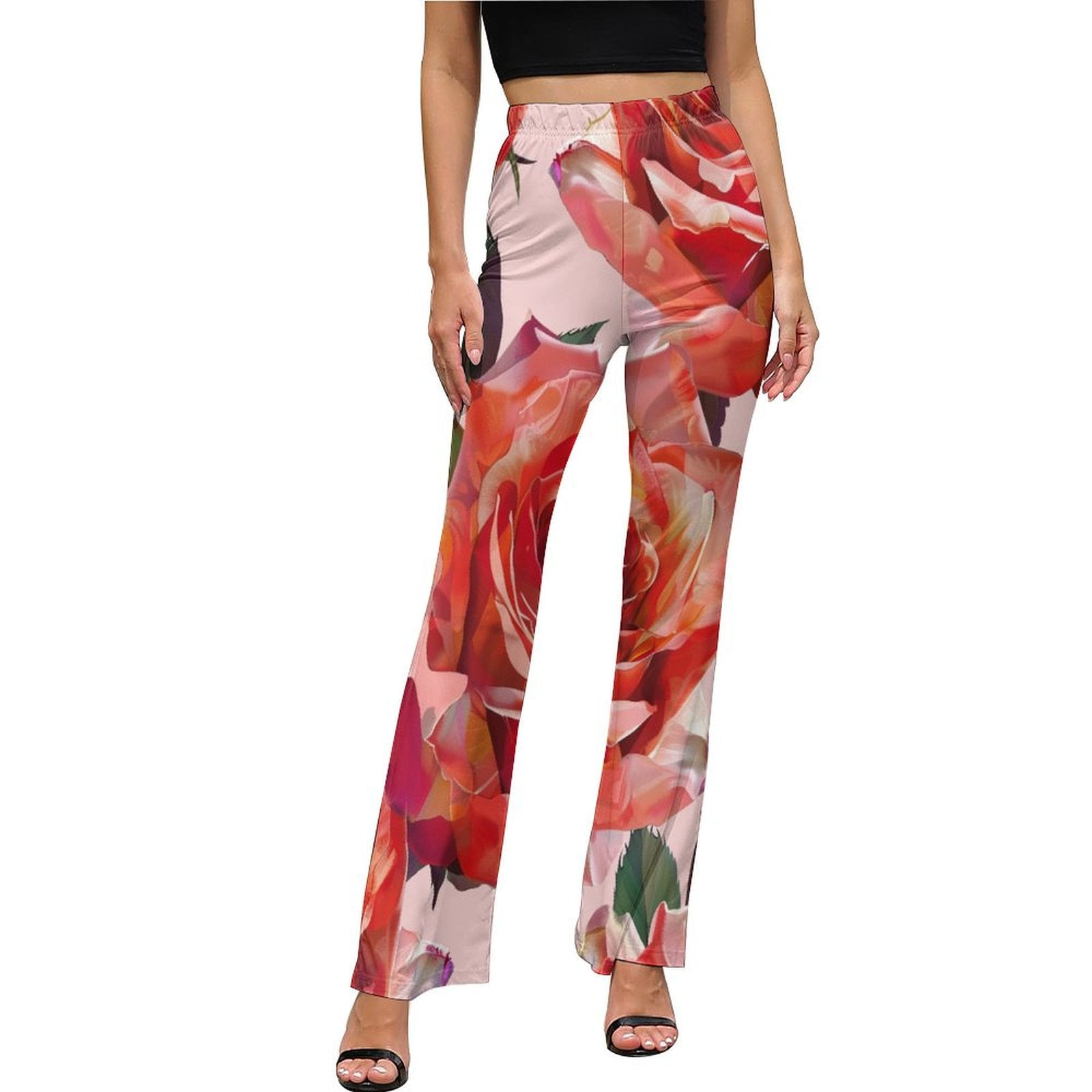 Beautiful Roses Colorful High Waisted Casual Flared Trousers Summer ...