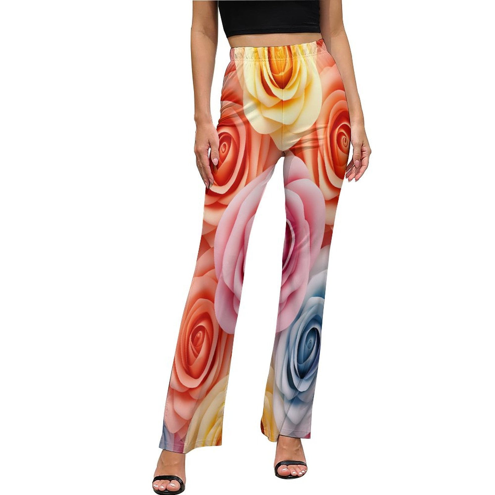 Beautiful Roses Colorful High Waisted Casual Flared Trousers Summer ...