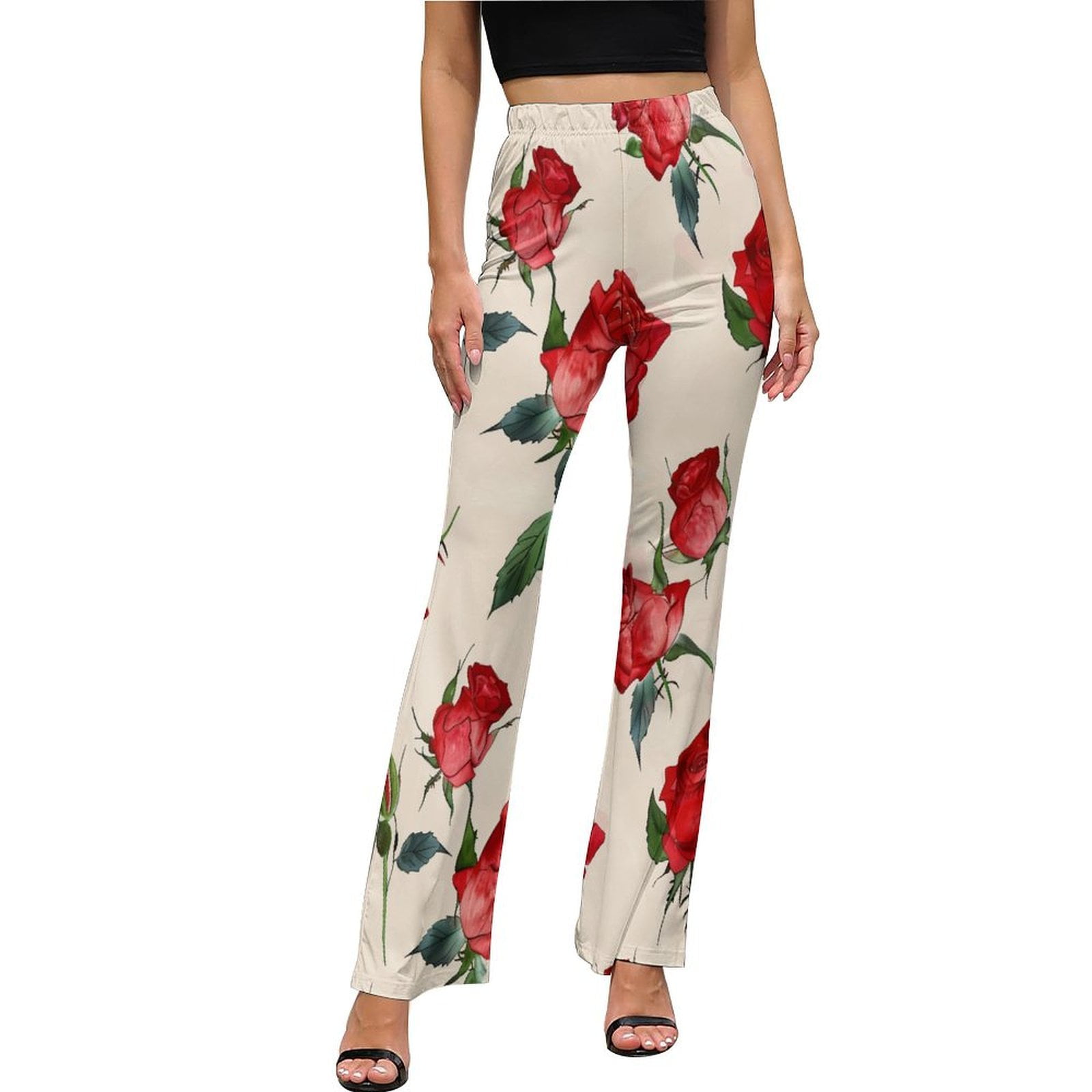 Beautiful Roses Colorful High Waisted Casual Flared Trousers Summer ...