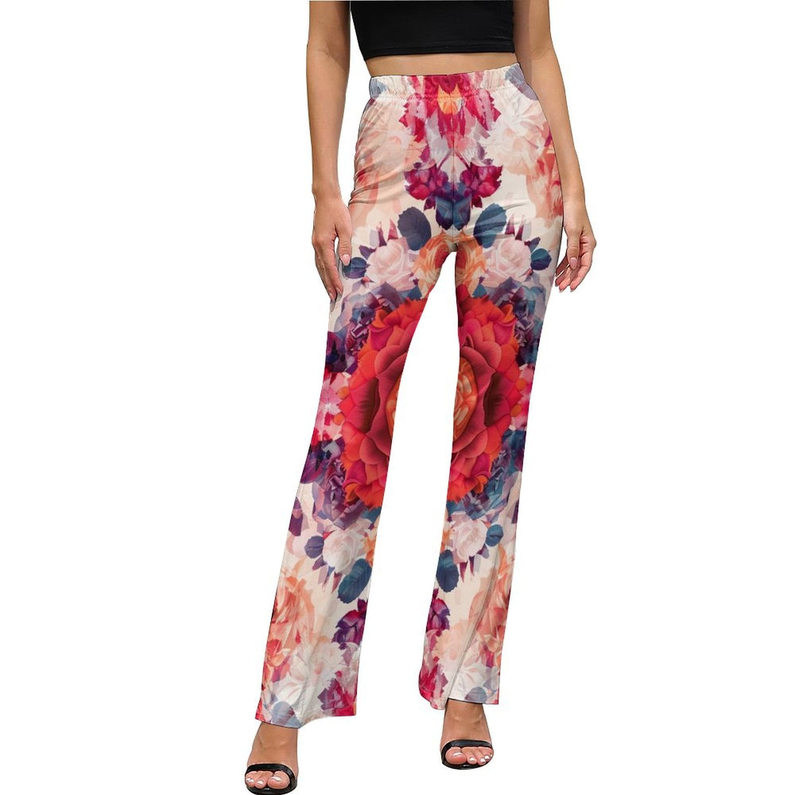 Beautiful Roses Colorful High Waisted Casual Flared Trousers Summer ...
