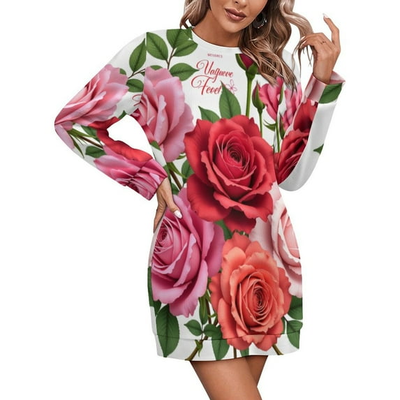 Beautiful Roses in Bloom Women Elegant Long Sleeve Warm Dress Autumn ...