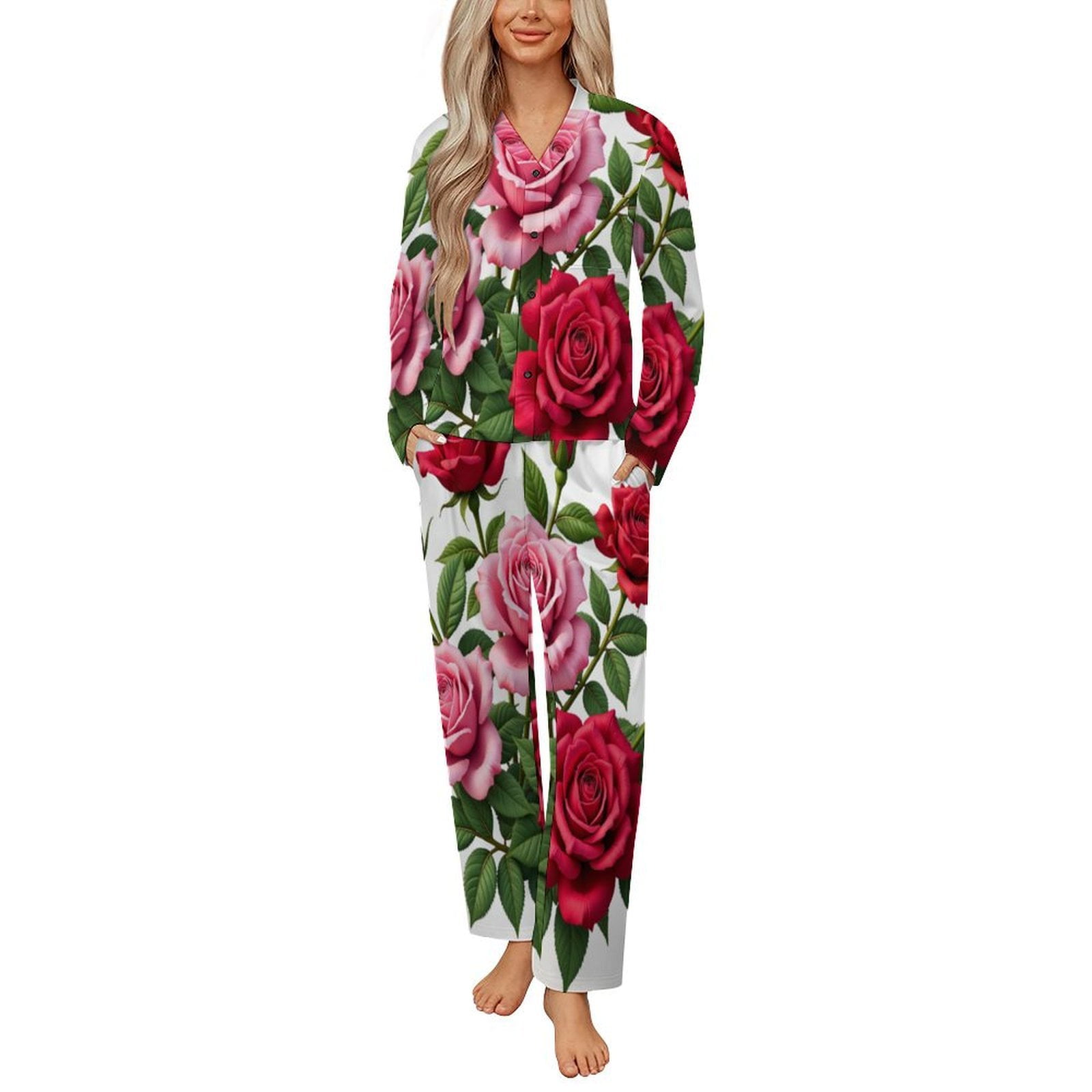 Beautiful Roses in Bloom Womens Pyjamas Set Button Up Pyjamas Womens ...