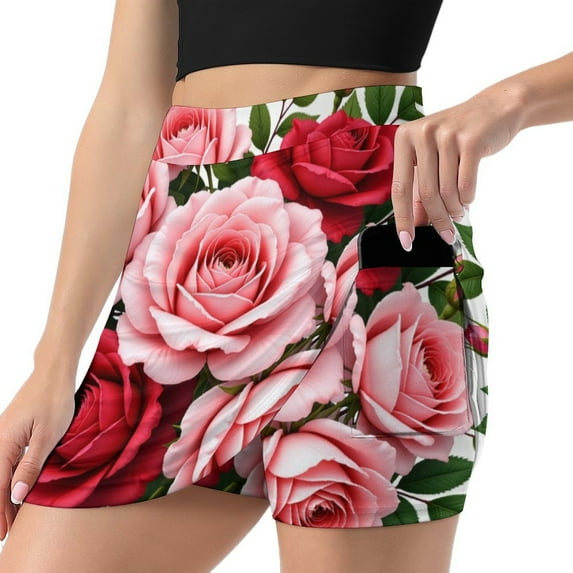 Beautiful Roses on White Women's Shorts Non-Slip Single Pocket A-line ...