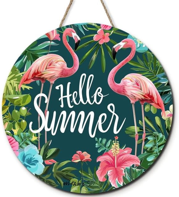 Beautiful Round Wooden Hello Summer Hanging Sign for Front Door Porch ...