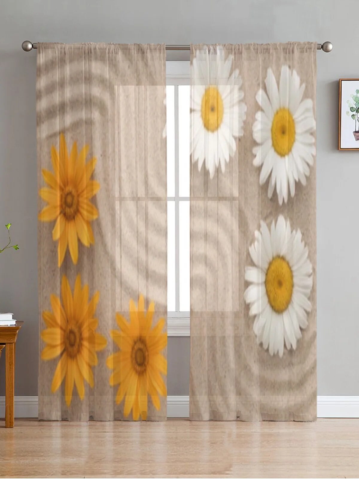 Beautiful Sand And Flowers Chiffon Sheer Curtains For Living Room ...