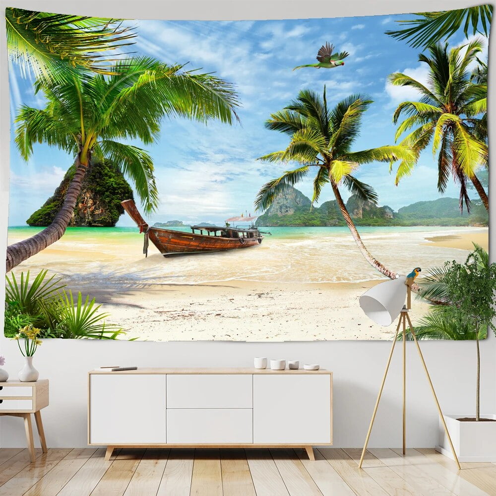 Beautiful Sea Beach Blue Sky Landscape Tapestry Polyester Wall Cloth ...