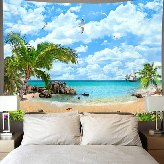 Beautiful Sea Beach Blue Sky Landscape Tapestry Polyester Wall Cloth ...