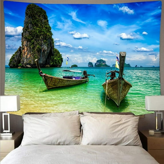 Beautiful Sea Beach Blue Sky Landscape Tapestry Polyester Wall Cloth ...
