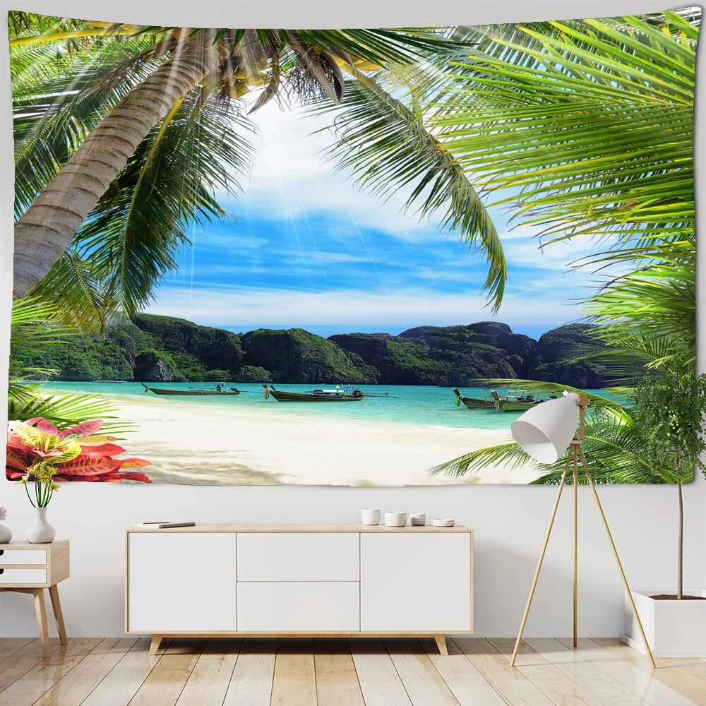 Beautiful Sea Scery Tapestry Sea Vintage Beach Seascape Palm Tree ...