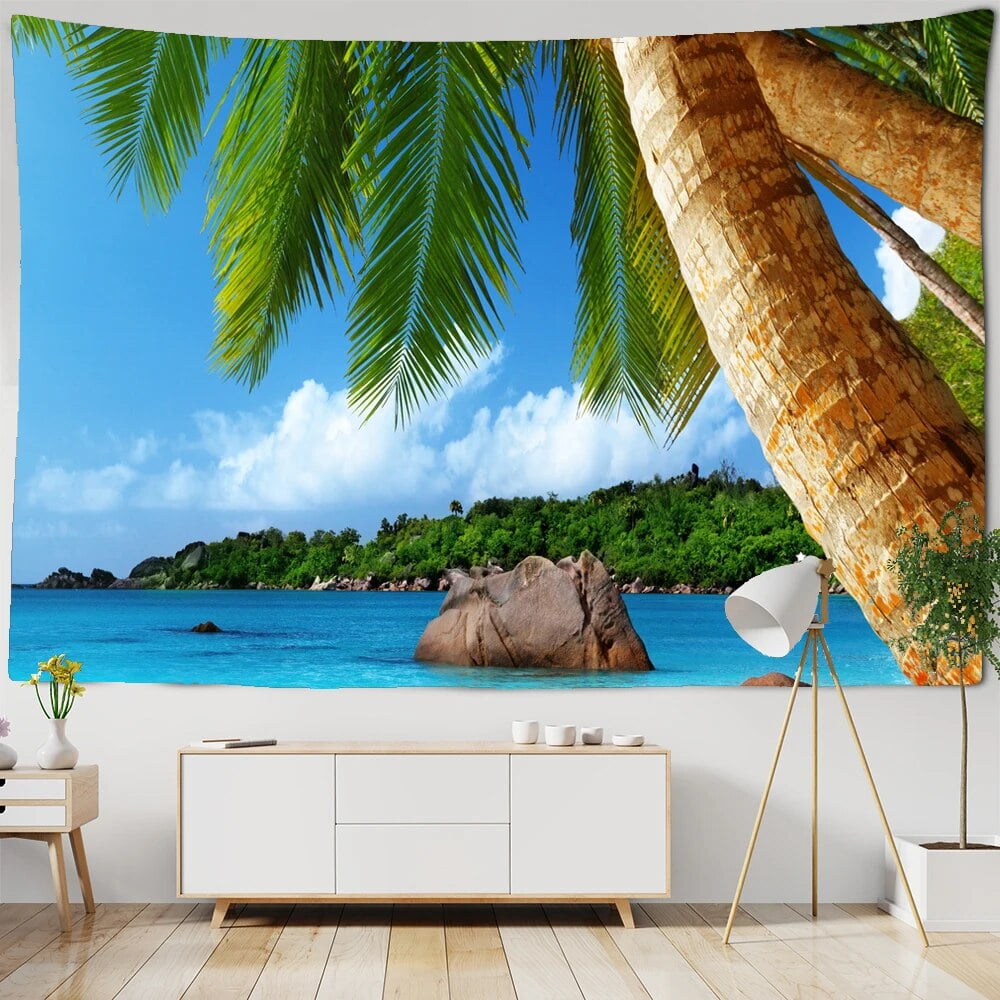 Beautiful Sea Scery Tapestry Sea Vintage Beach Seascape Palm Tree ...