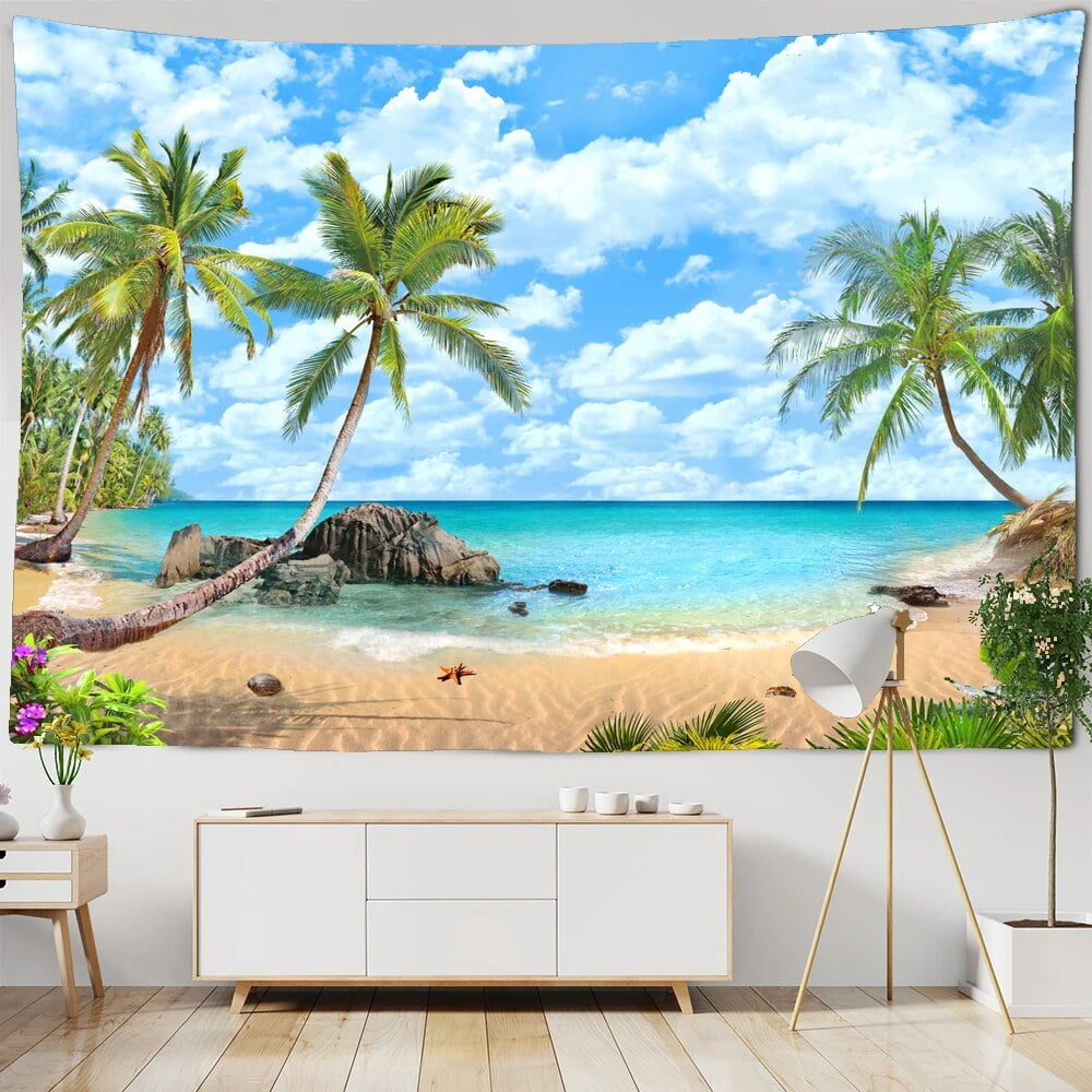 Beautiful Sea Scery Tapestry Sea Vintage Beach Seascape Palm Tree ...