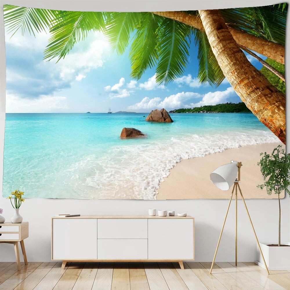 Beautiful Sea Scery Tapestry Sea Vintage Beach Seascape Palm Tree ...