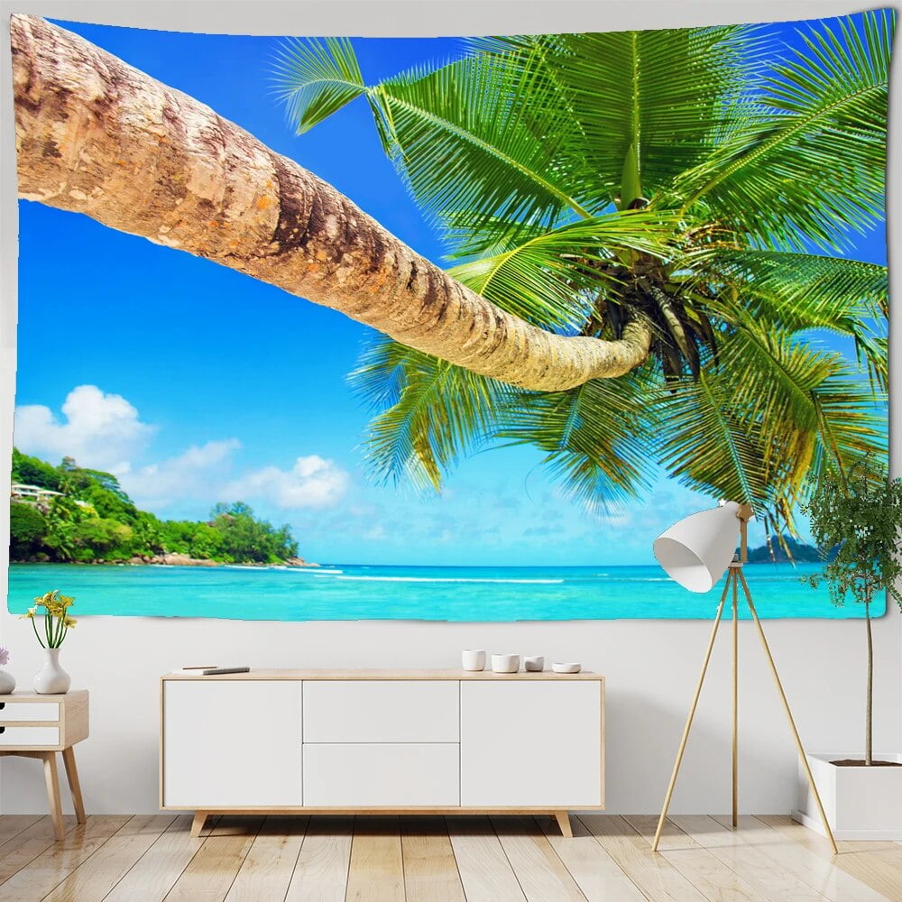 Beautiful Sea Scery Tapestry Sea Vintage Beach Seascape Palm Tree ...