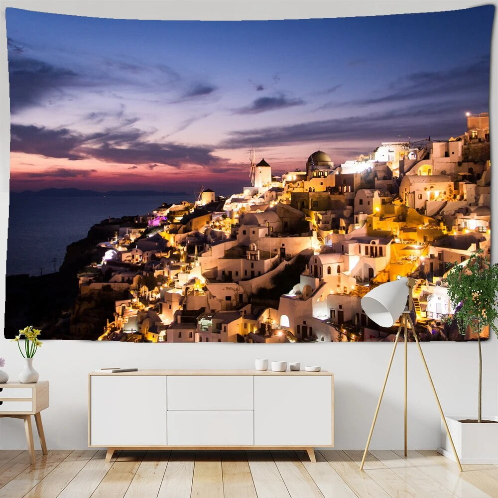 Beautiful Seaside Town Scery Print Wall Hippie Tapestry Polyester ...