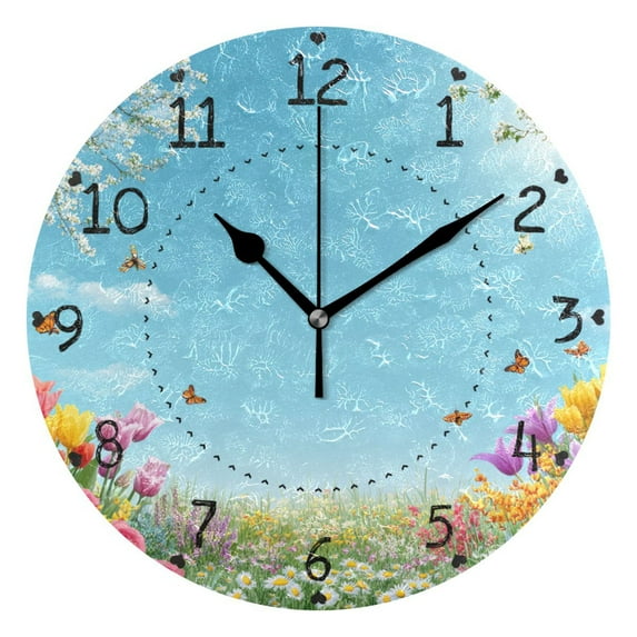 Beautiful Spring Scene Flowers Butterflies Round Wall Clock Silent ...