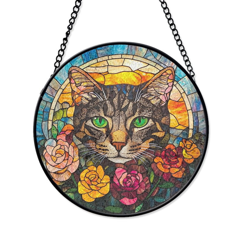 Beautiful Stained Glass Cat with Colorful Floral Surround, Window ...