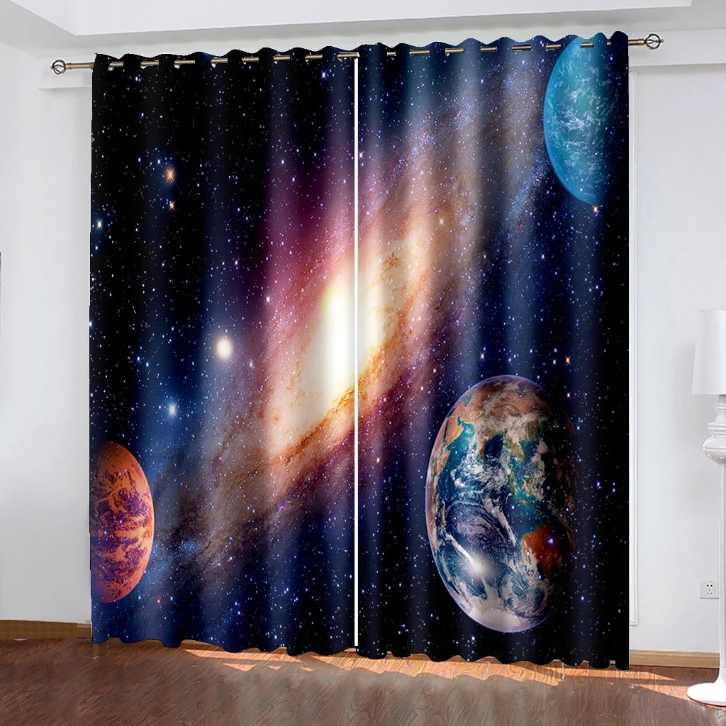 Beautiful Starry Planet Printed Curtains Semi Blackout Living Room ...