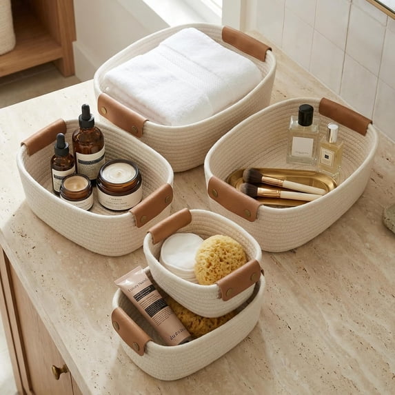Beautiful Storage Basket Set of 5 - Sturdy Cotton Rope Baskets for ...