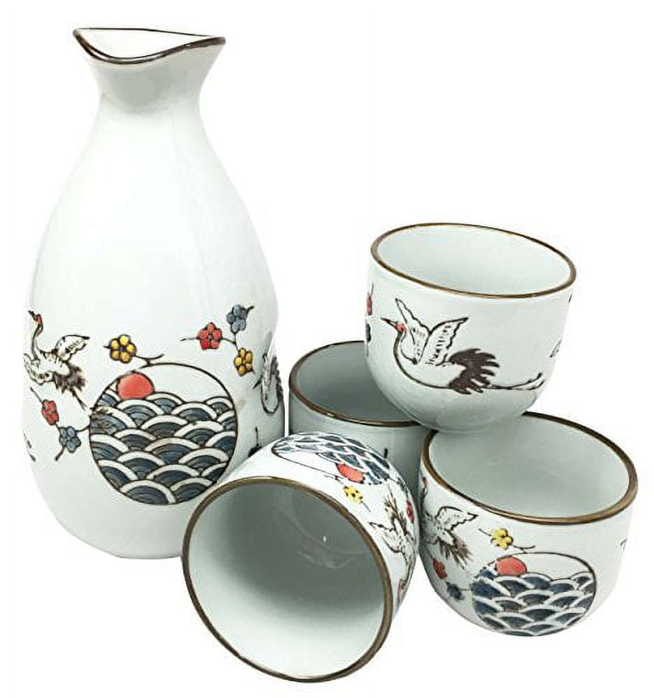 Beautiful Stork Bird Flight Glazed Ceramic White Sake Set Flask With ...