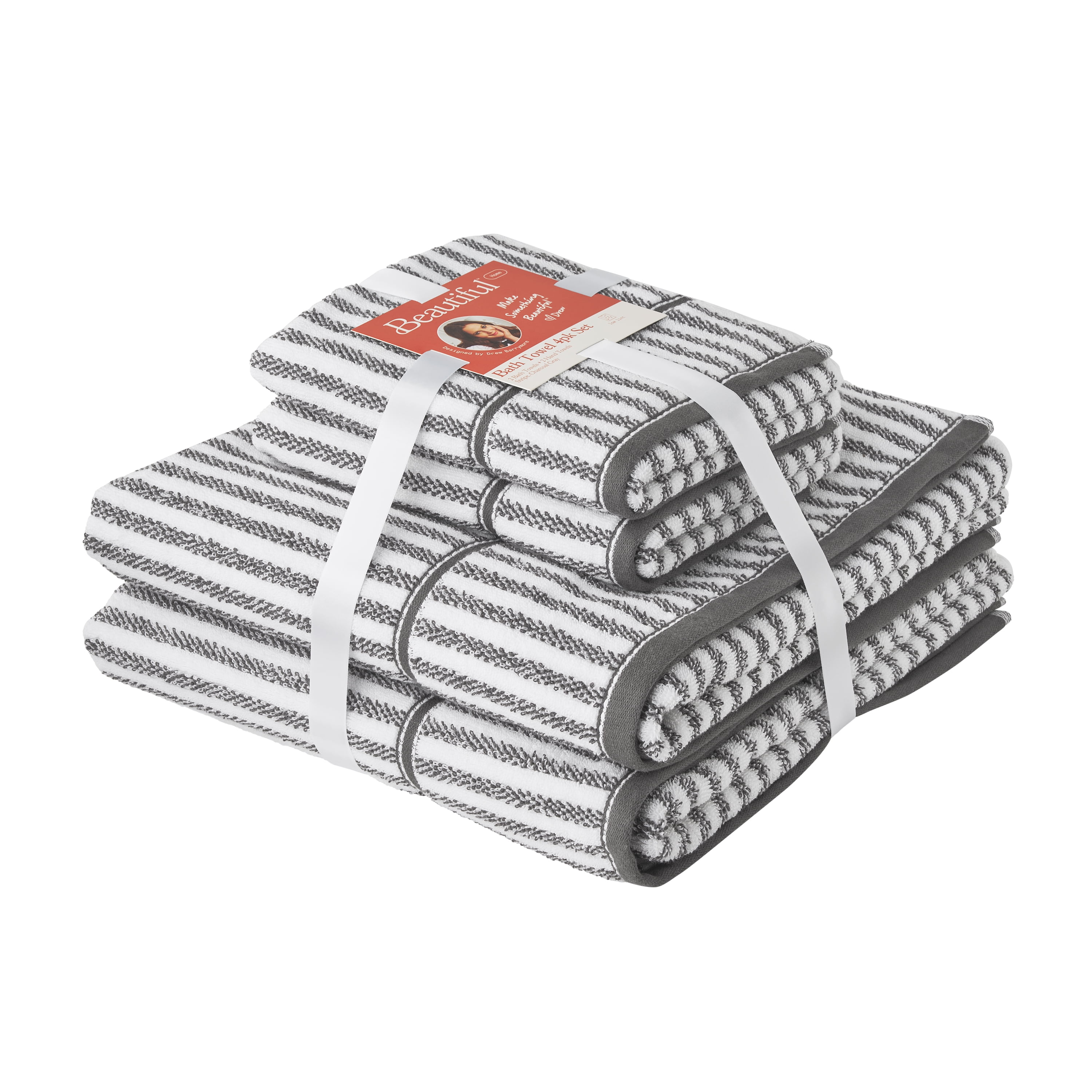 Beautiful by Drew Barrymore 4-Piece Stripe Towel Set, Soft 100% Cotton ...