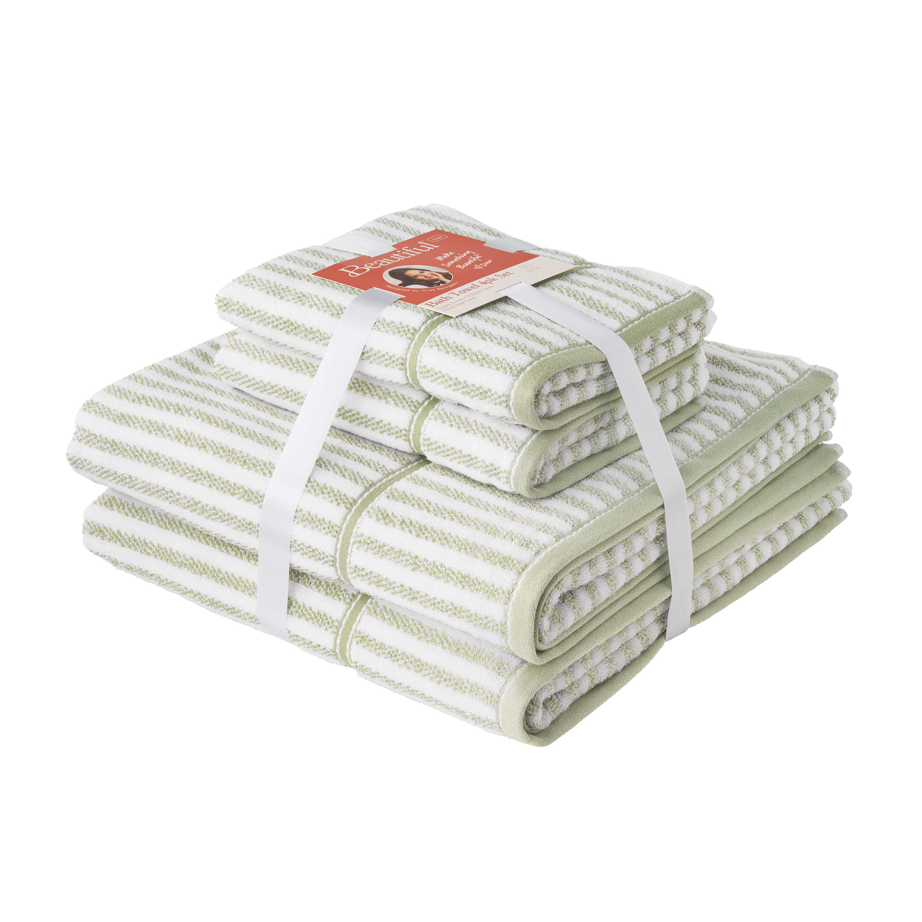 Beautiful by Drew Barrymore 4-Piece Stripe Towel Set, Soft 100% Cotton ...