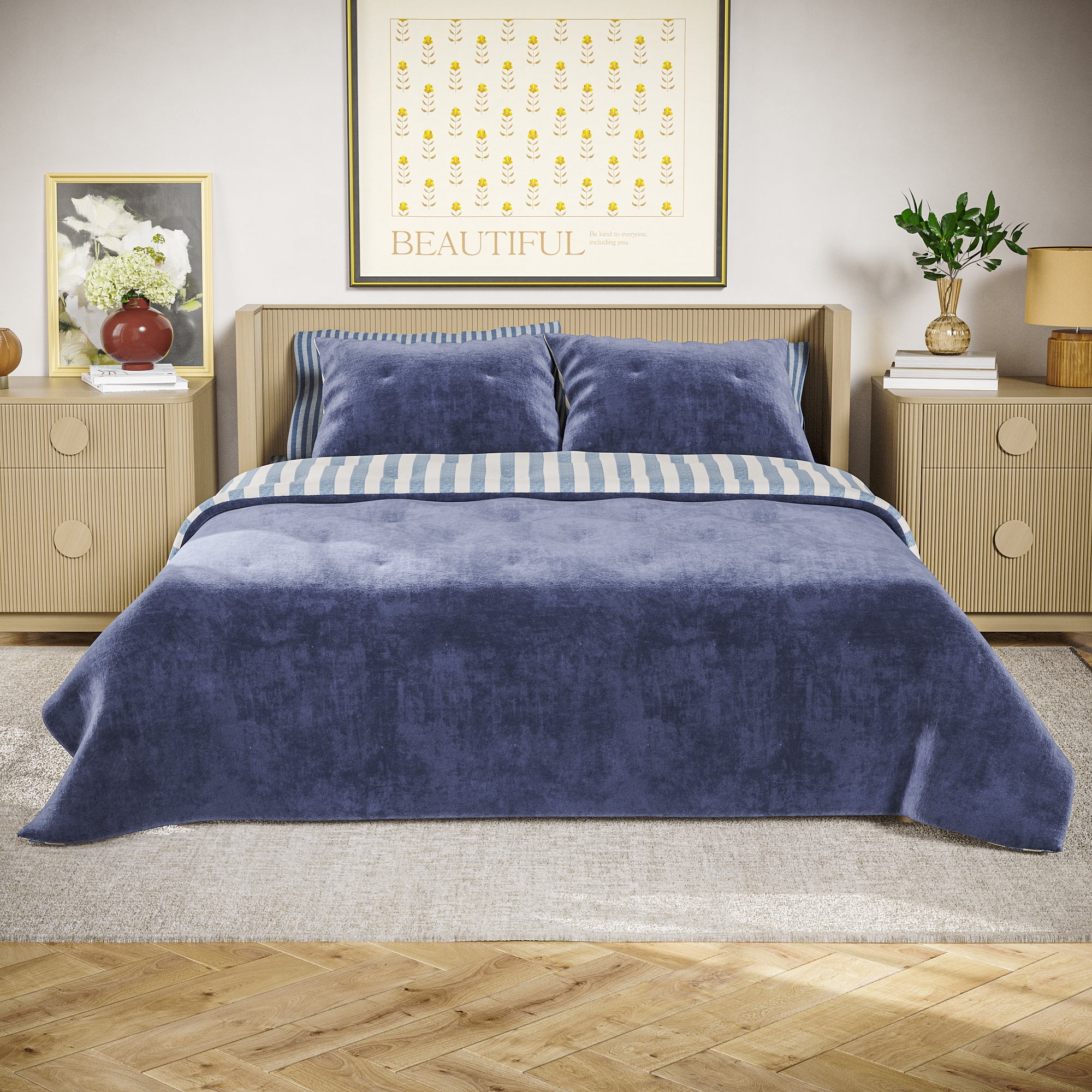 Beautiful Striped Starry Night Blue Velvet Reversible Quilt, Full/Queen ...