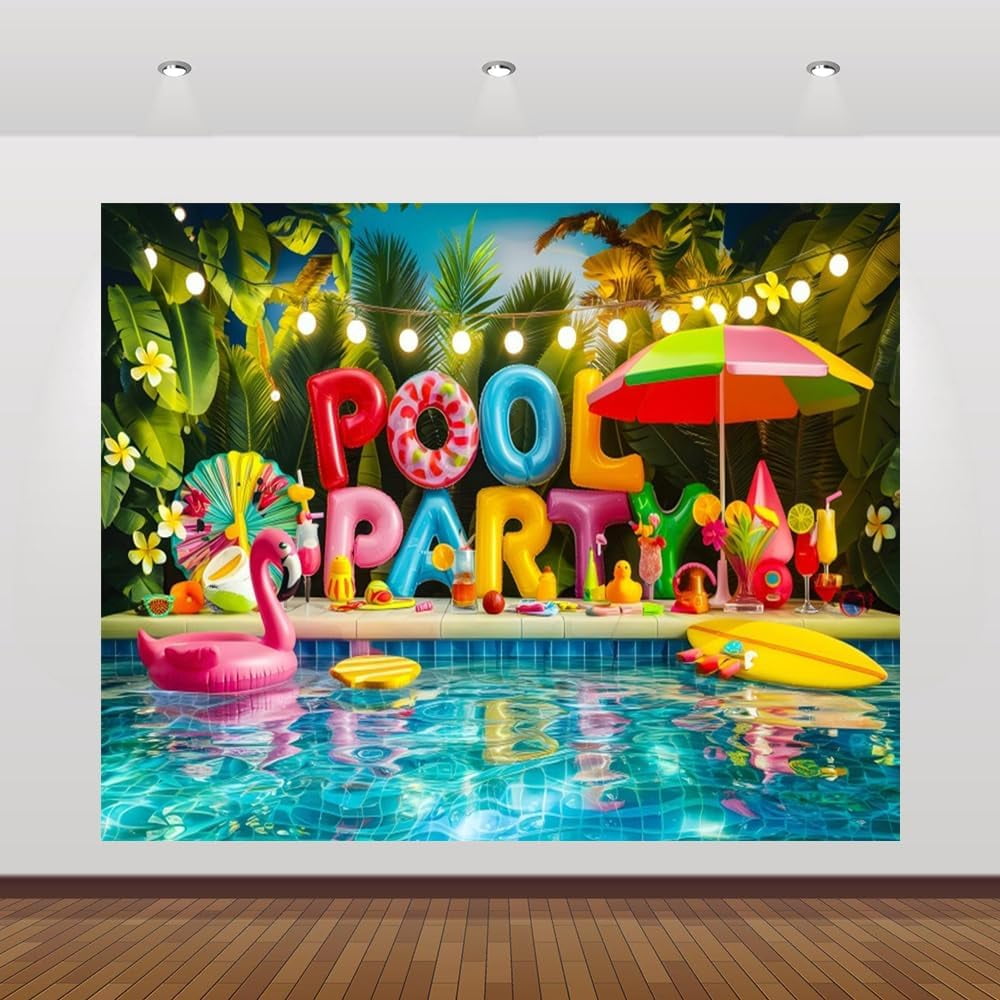 Beautiful Summer Pool Party Backdrop Tropical Beach Flamingo Surfboard ...