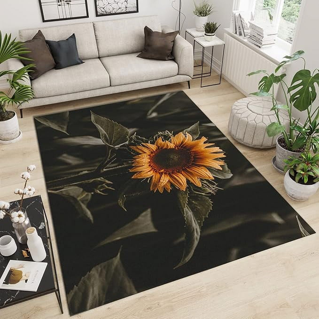 Beautiful Sunflower Area Rugs, Vintage Leaf Sunflower Easy Clean Rug ...