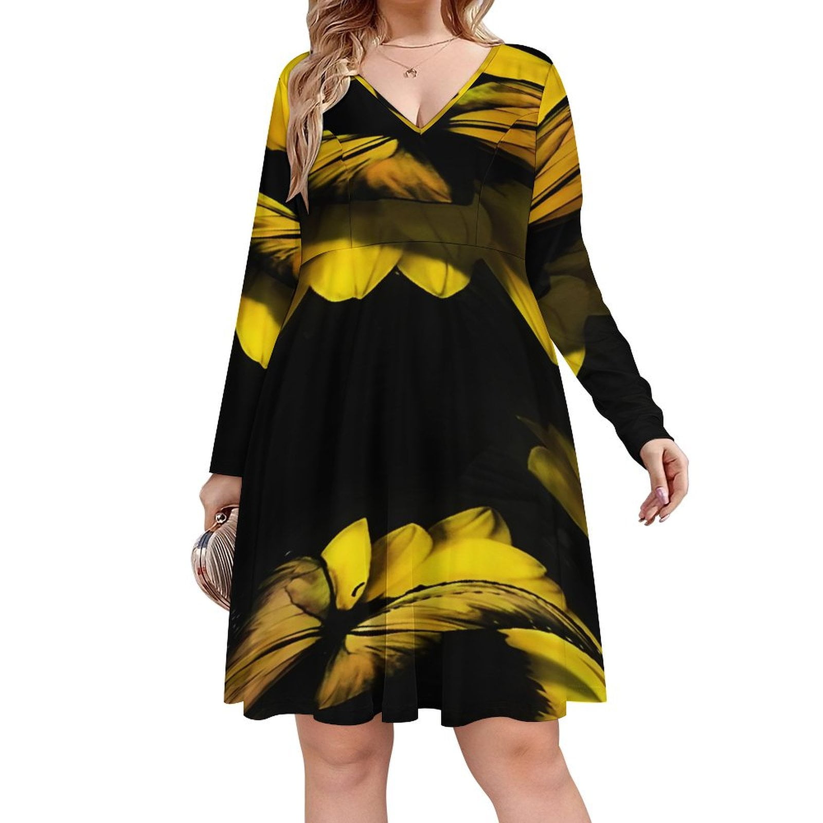 Beautiful Sunflower Butterfly Long Sleeve Dresses For Women Vintage Elegant Party Dress ...