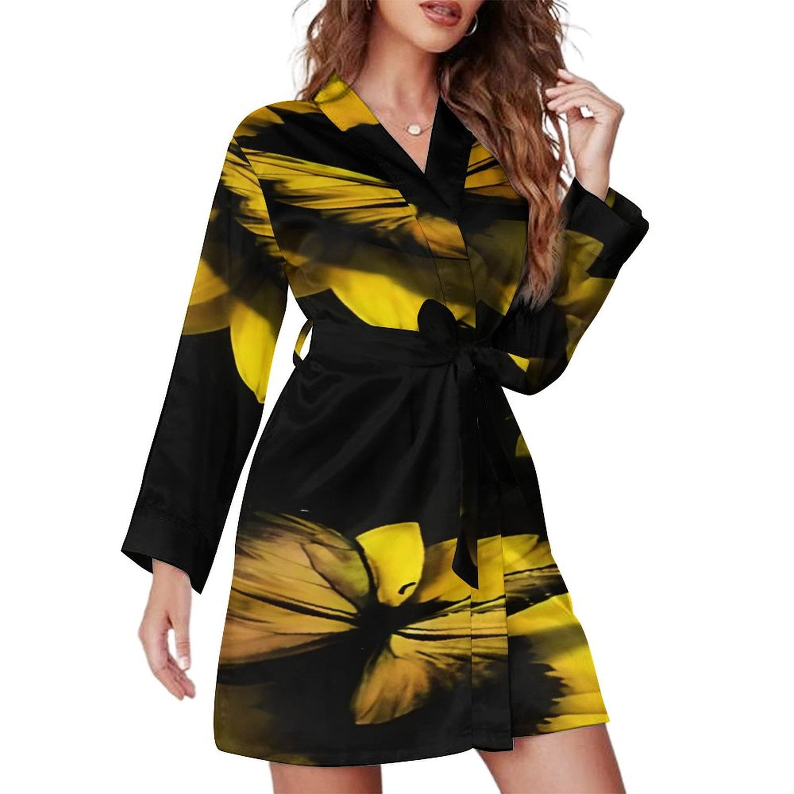 Beautiful Sunflower Butterfly Night Robe Long Sleeve V Neck Robe With ...