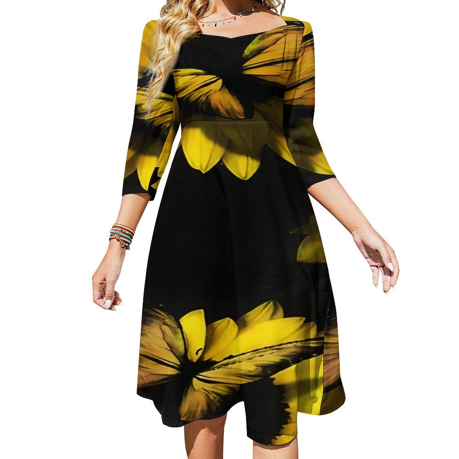 Beautiful Sunflower Butterfly Sweetheart Knot Flared Dress Fashion ...