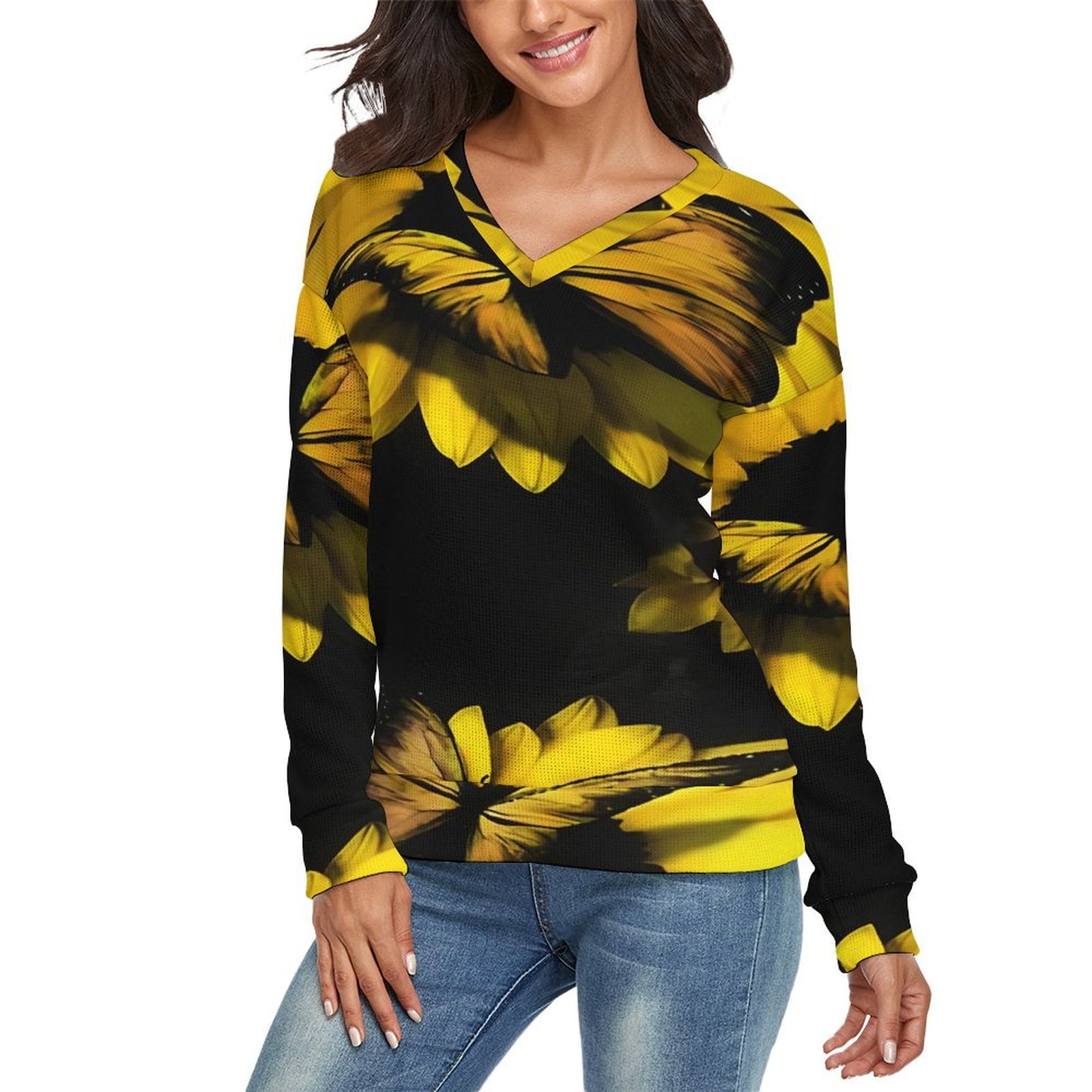 Beautiful Sunflower Butterfly V-neck Sweater Winter Clothes Long Sleeve ...