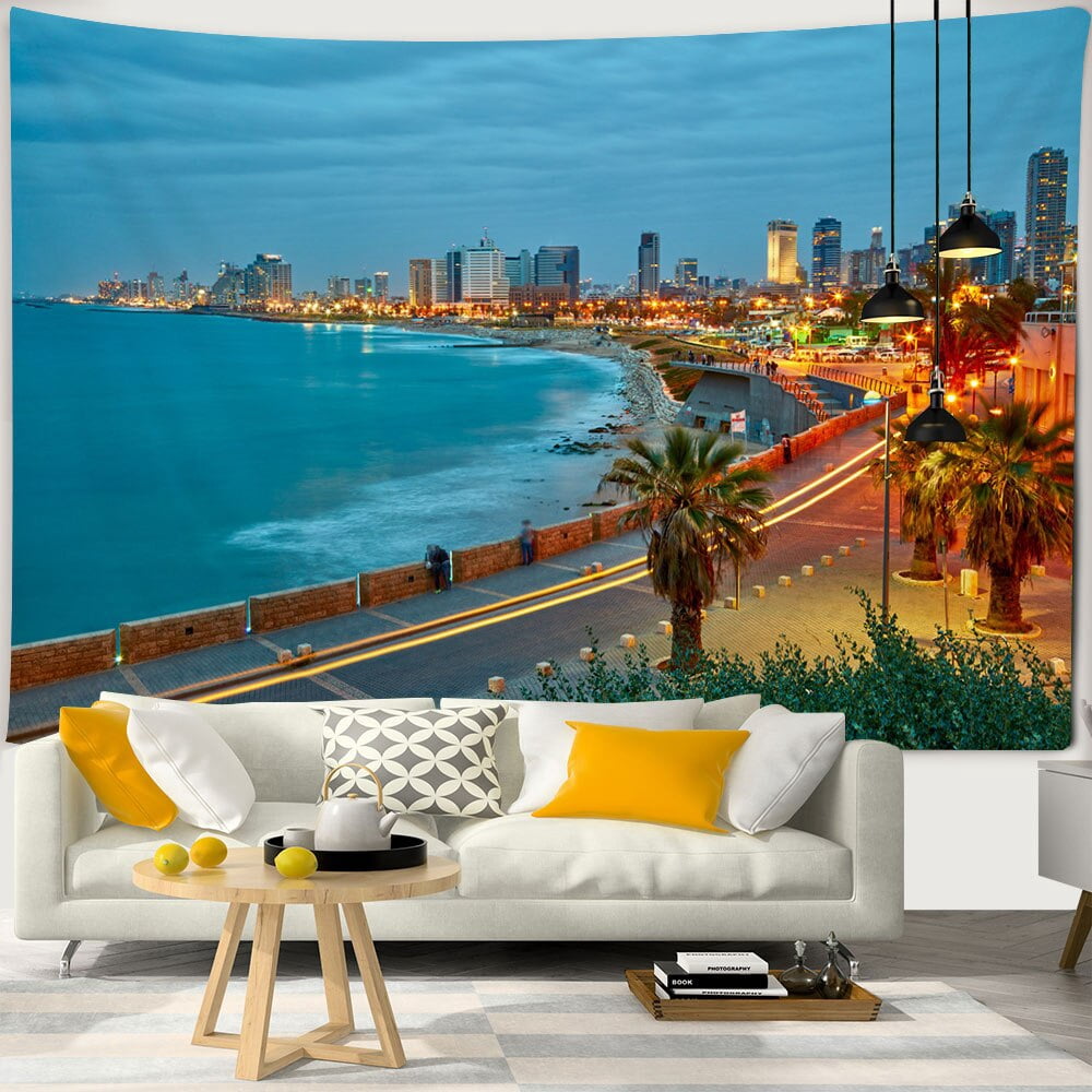 Beautiful Sunset Landscape Wall Tapestry Sea Great Wave Beach Village ...