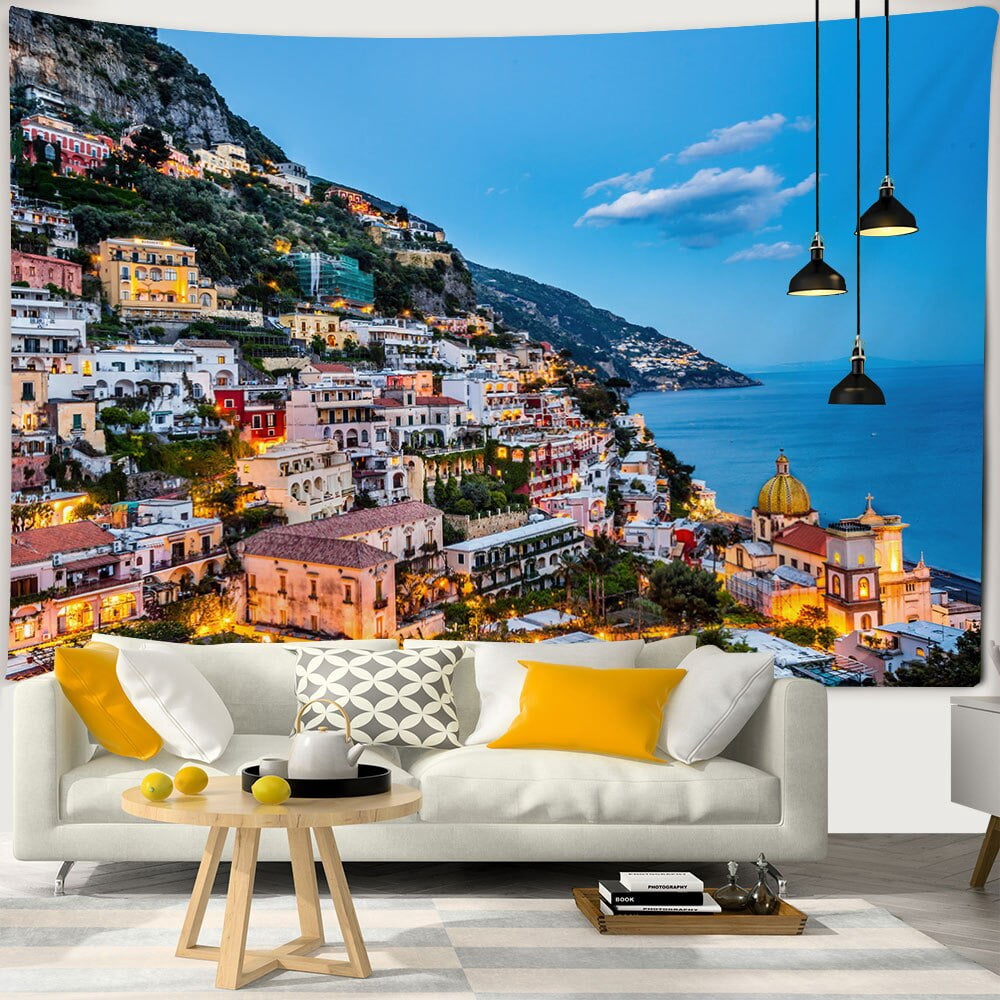 Beautiful Sunset Landscape Wall Tapestry Sea Great Wave Beach Village ...