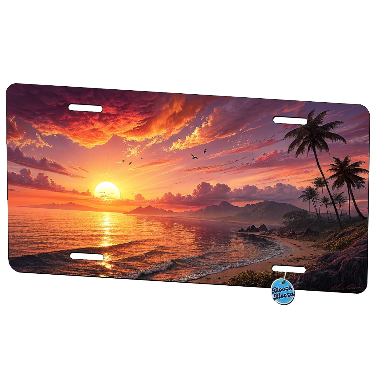 Beautiful Sunset Over Ocean Beach Tropical Palm Trees Metal Novelty ...