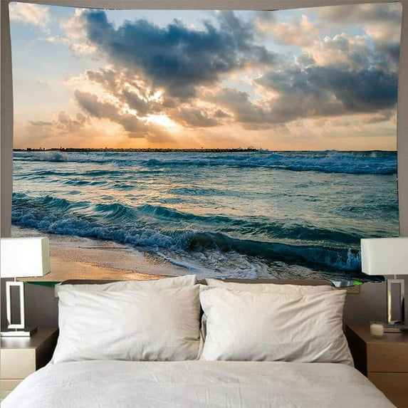 Beautiful Sunset Tapestry The Great Wave Beach Blue Sea Wall Hanging ...