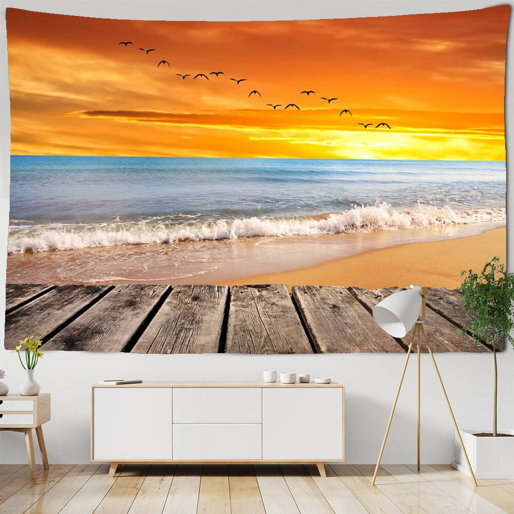 Beautiful Sunset Tapestry The Great Wave Beach Blue Sea Wall Hanging ...