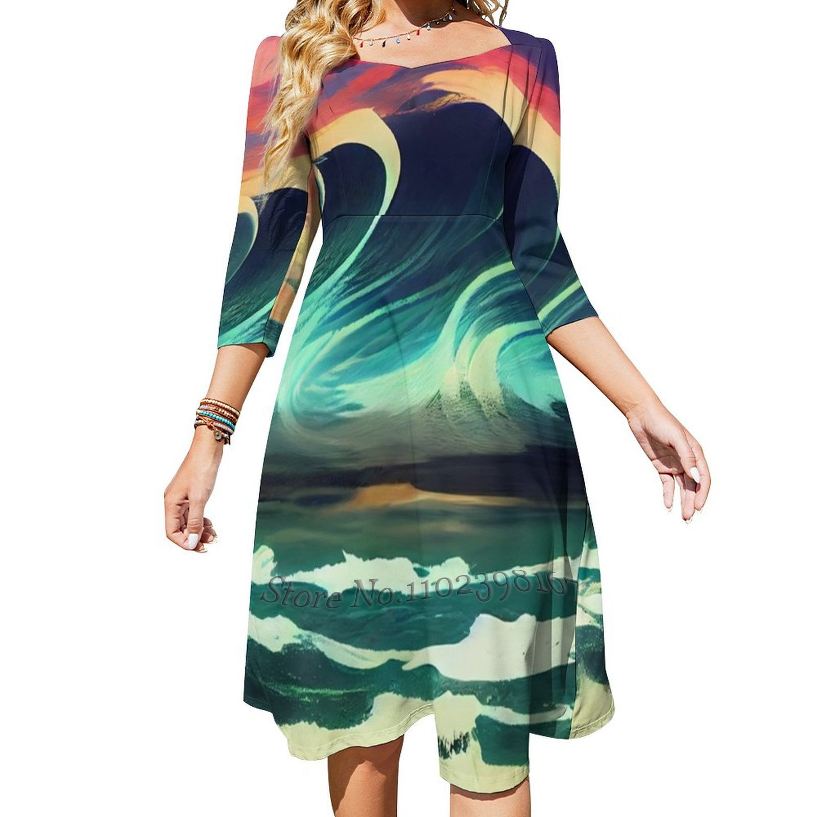 Beautiful Sunset Tsunami Square Neck Dress New Plus Size Elegant Women ...