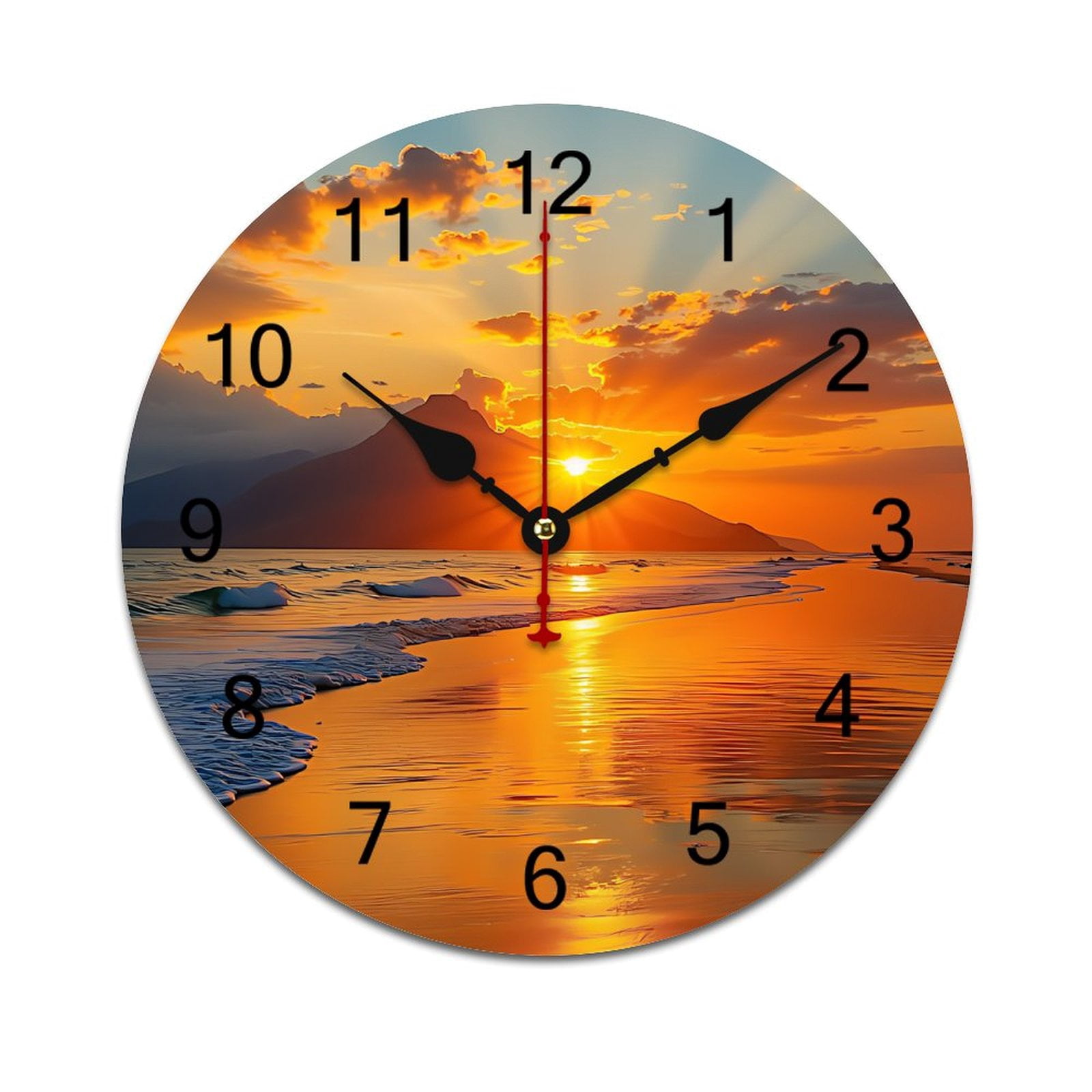 Beautiful Sunset over The Ocean with Waves Word Saying Big Wall Clock ...